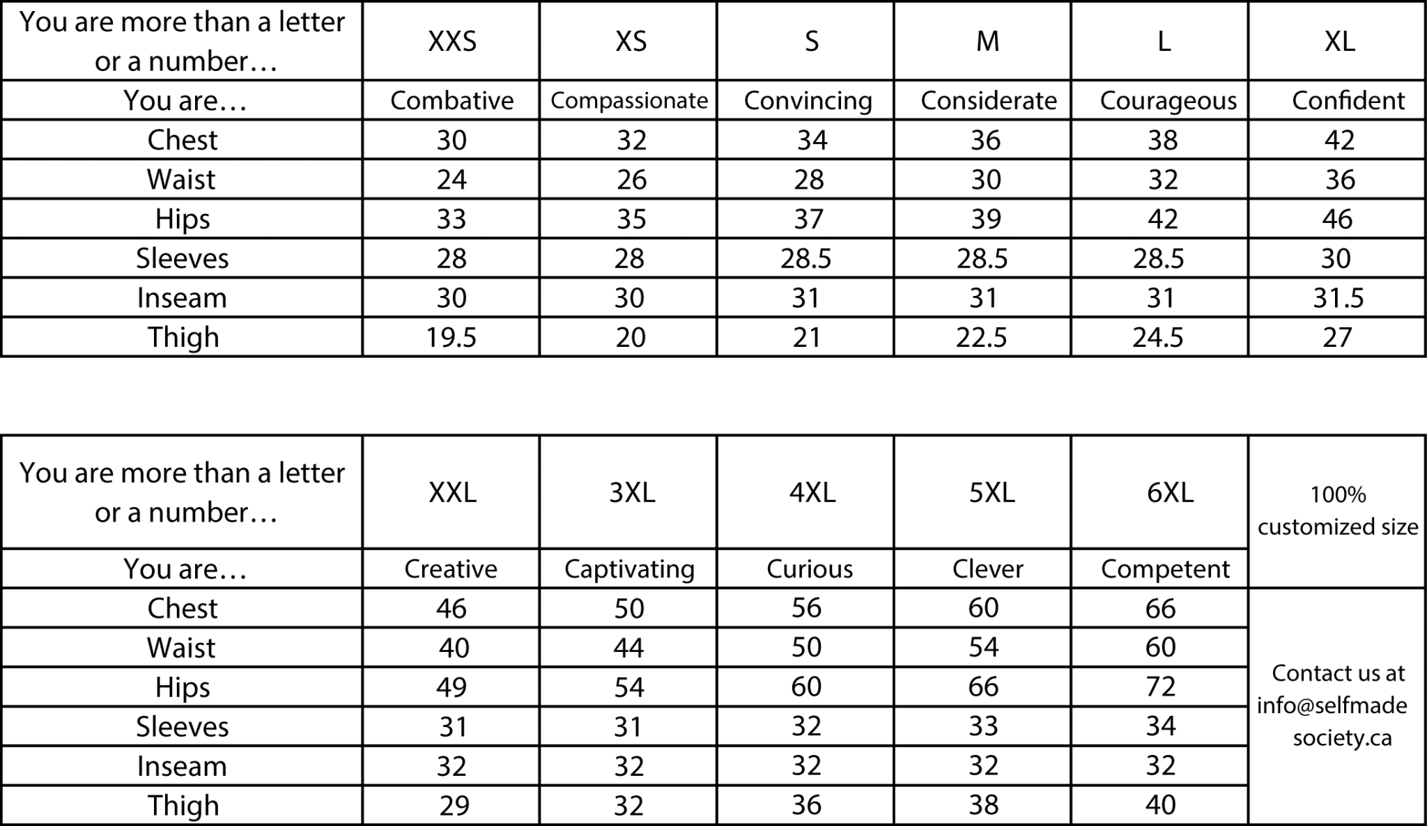 Size Chart | Selfmade Society